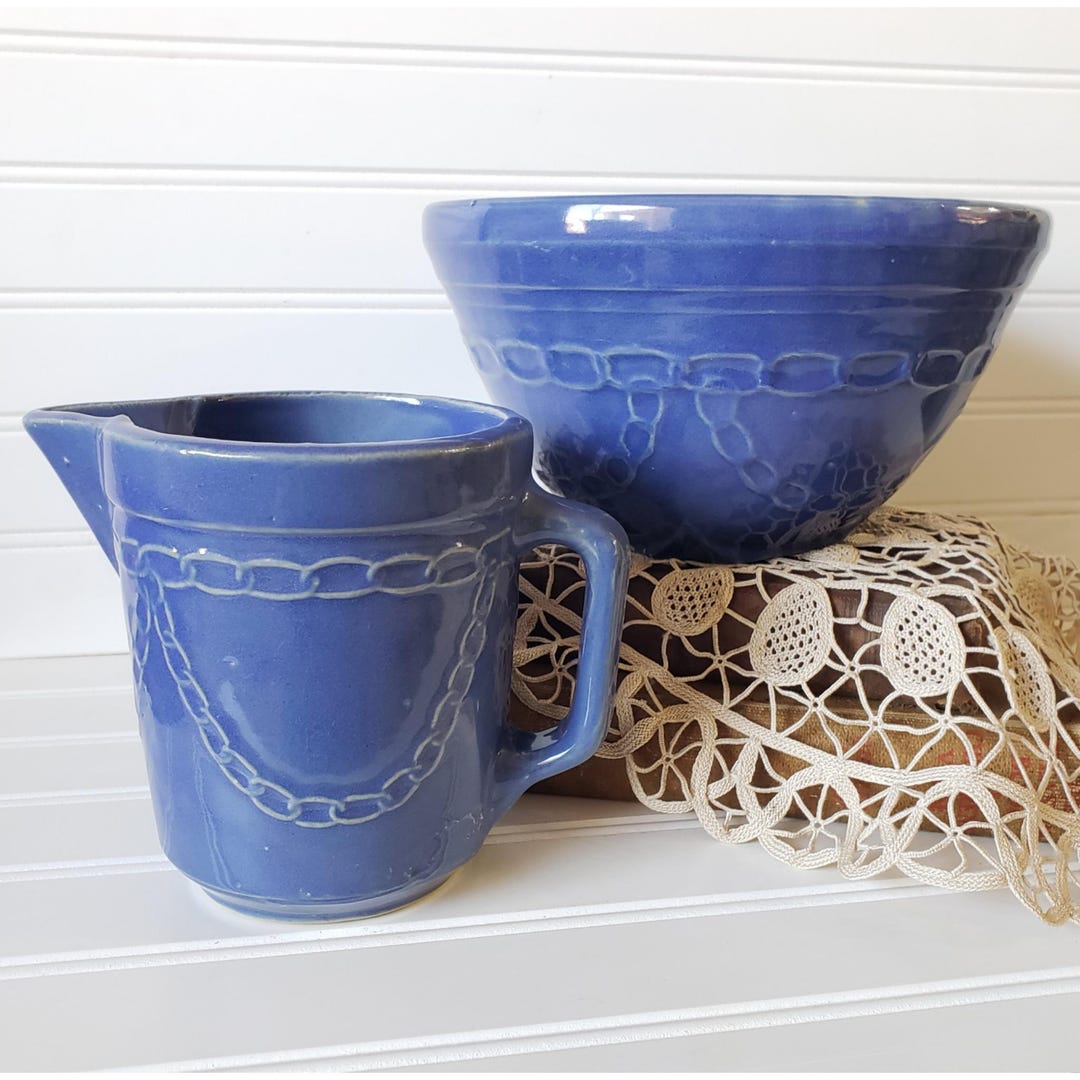 Vintage Monmouth Pottery Blue Bowl and Pitcher Chain Link Design Set ...