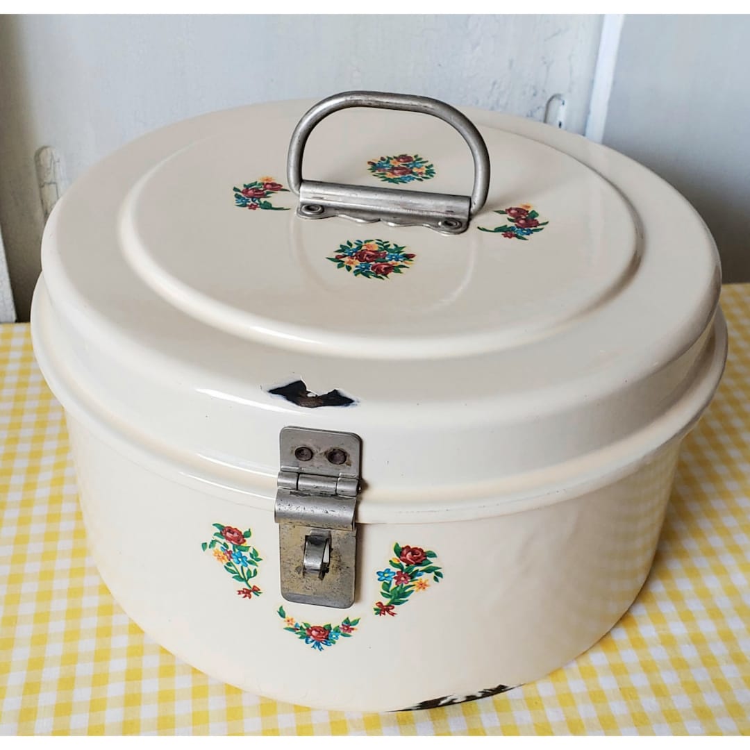 Antique Enamelware Bread Box Green Cream Hinged Lock Round Flowers ...