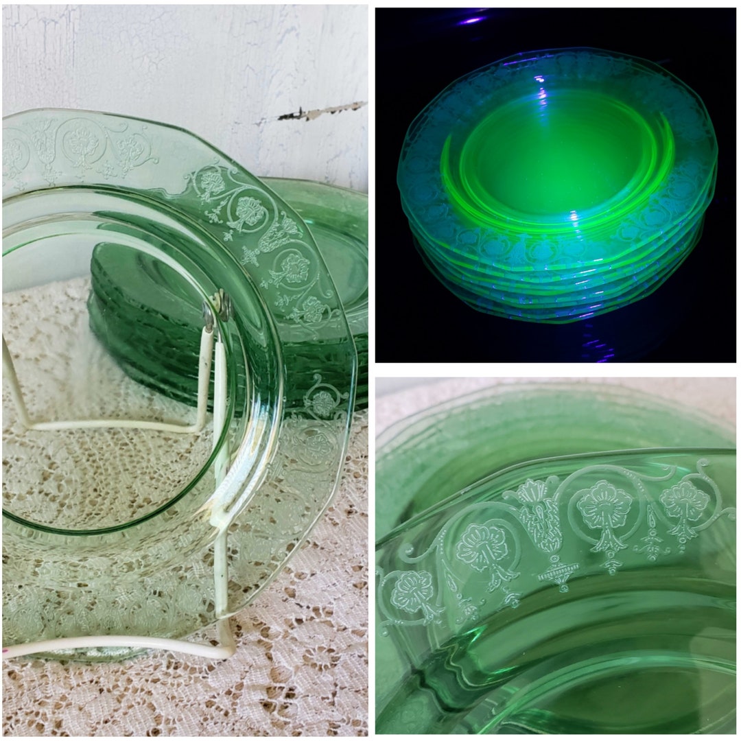 8 Vintage Green Uranium Glass Plates Depression Luncheon Salad Plate ...