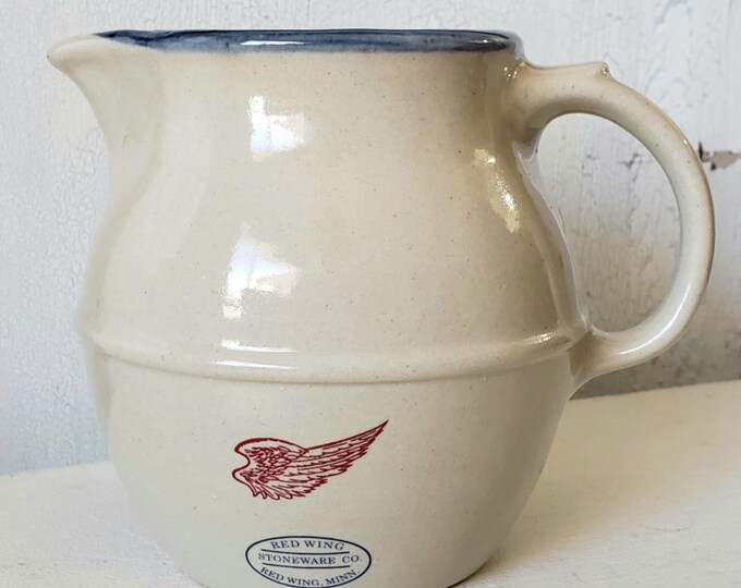 Red Wing Stoneware Pitcher Creamer Small Jug Blue Rim Ring Vintage ...