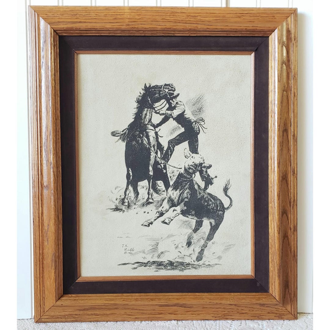 Vintage Cowboy Art Calf Roper Suede Pen Ink Drawing Artist Signed J.K ...