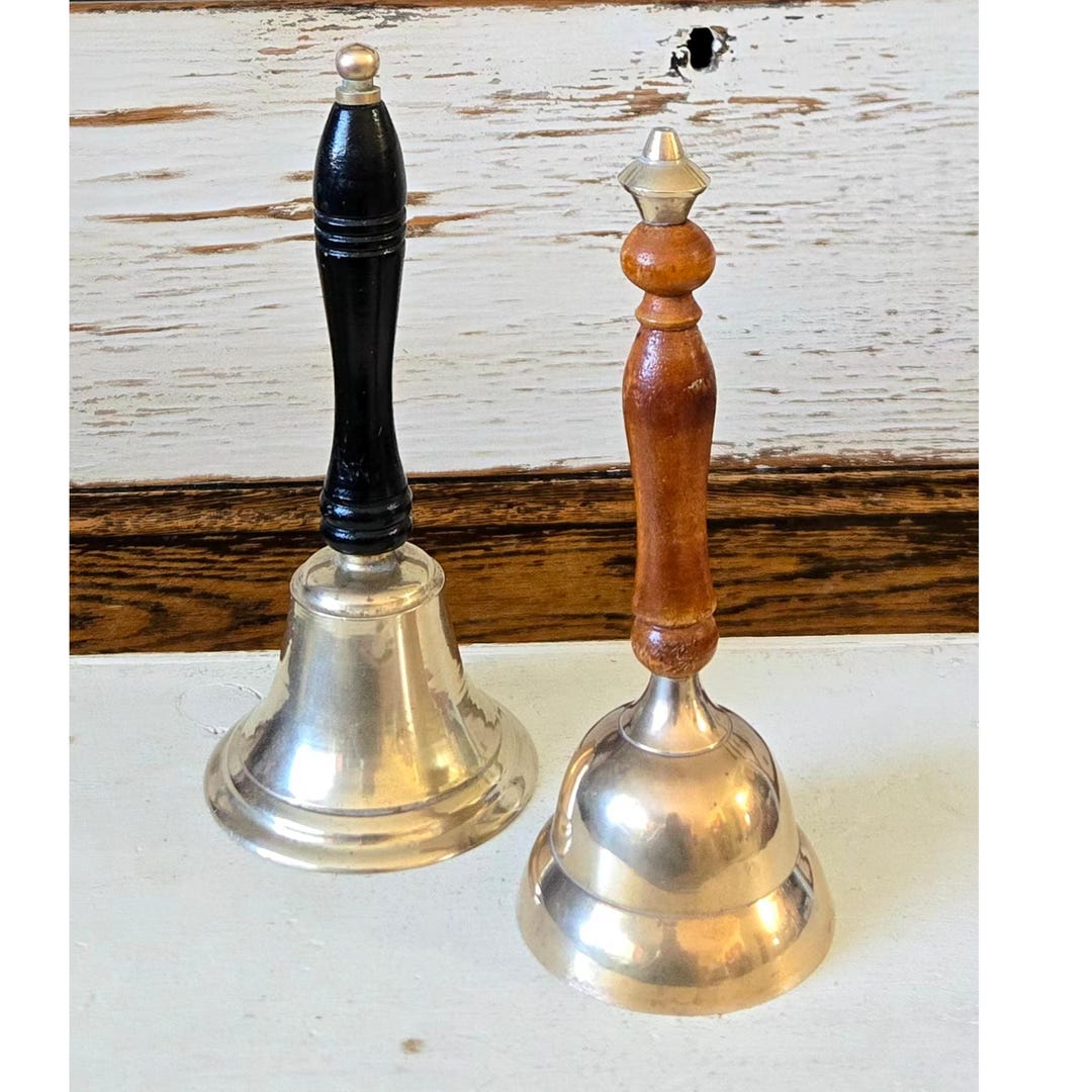 Vintage Brass Bells With Wood Handles Hand Bell Brown Black School Bell ...