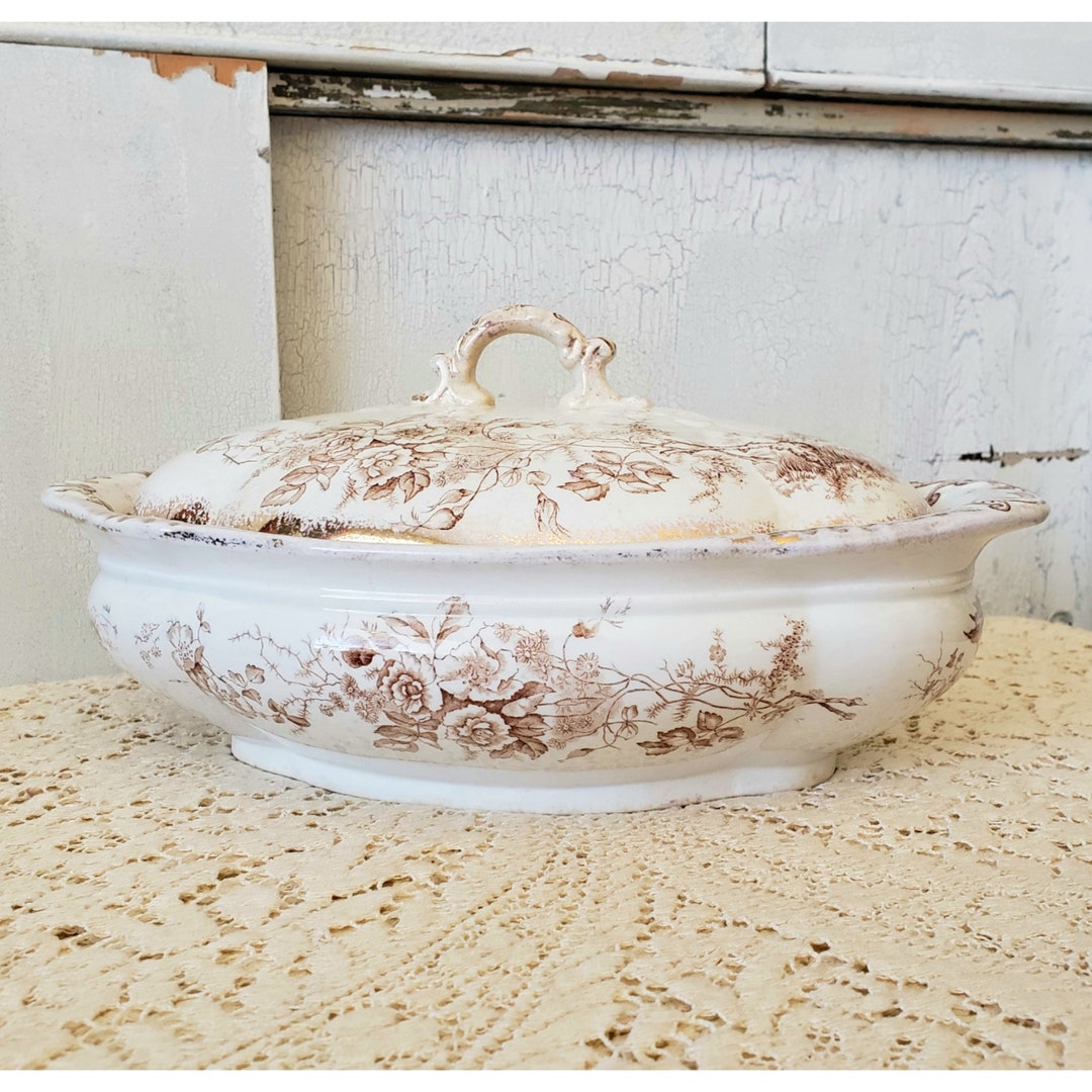 Vintage Ironstone Brown Transferware Serving Bowl With Lid Antique Oval ...