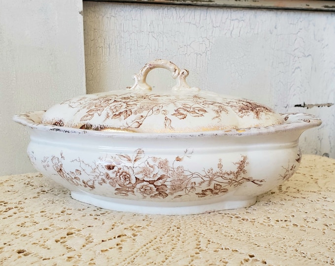 Vintage Ironstone Tureen / Antique Brown Transferware Ironstone Tureen ...