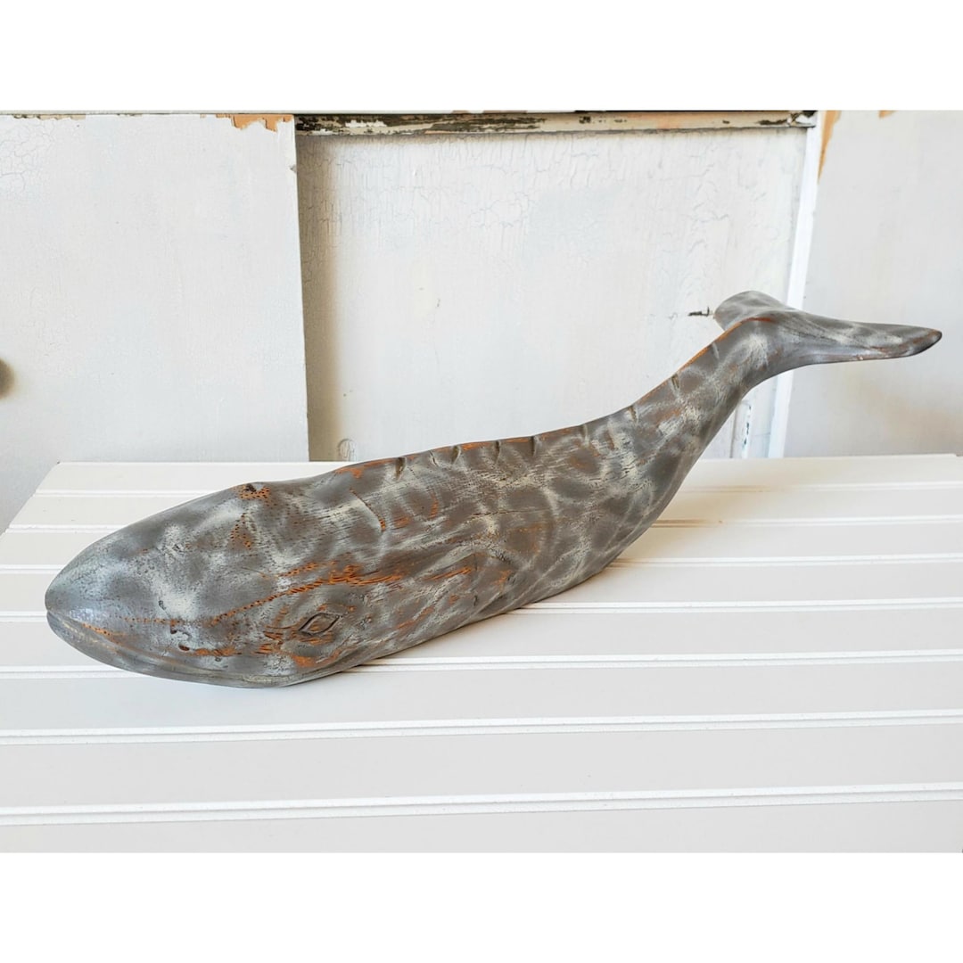 Large Whale Gray Figurine Carving Hand Carved Wood Sculpture 19 Inches ...