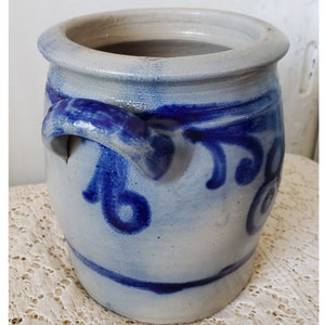 Vintage Salt Glaze Cobalt Blue Gray Pottery Crock Jar Antiqie Lard ...