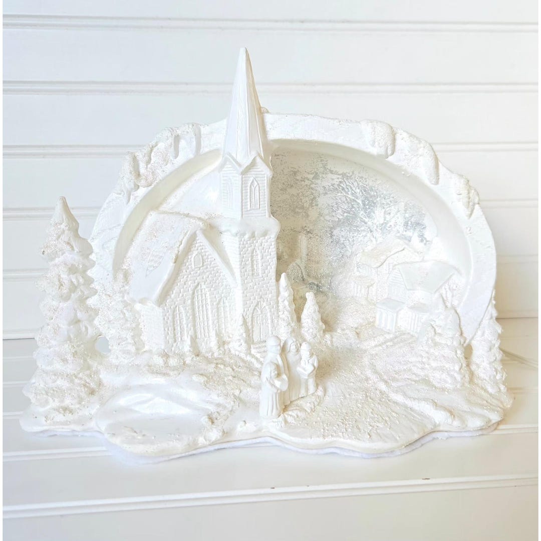 Vintage Lighted White Christmas Scene Ceramic Church Snow Town Tree ...