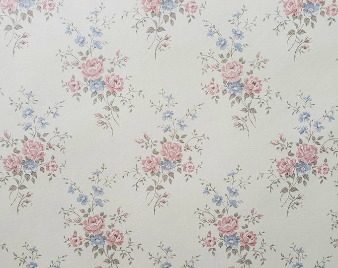 Vintage Wallpaper Roll Pink Roses Blue Flowers Pretty Romantic Antique ...