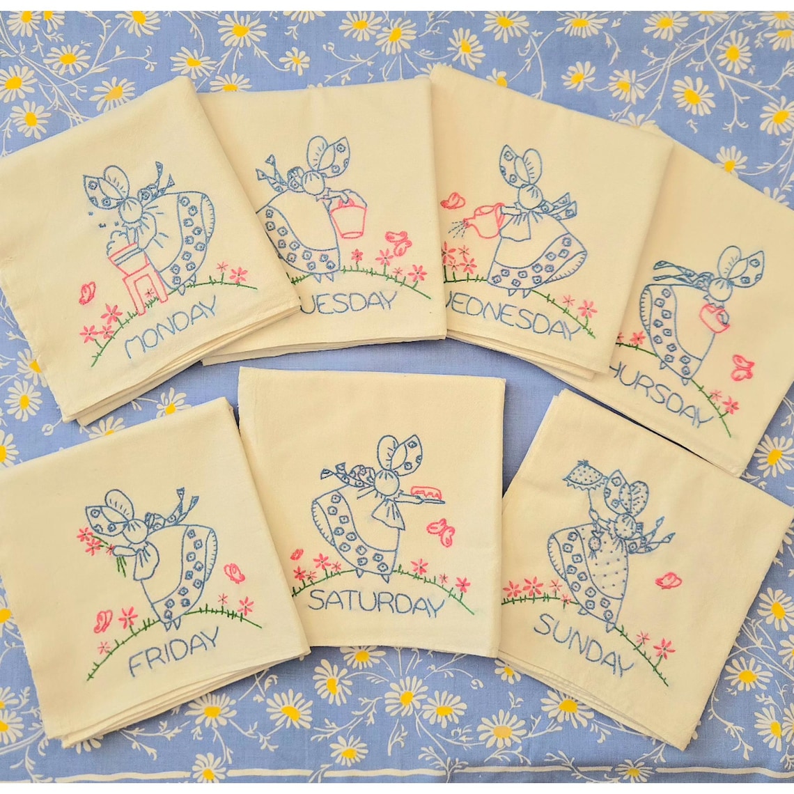 Vintage Days Of The Week Towels Garden Girls White Flour Sack
