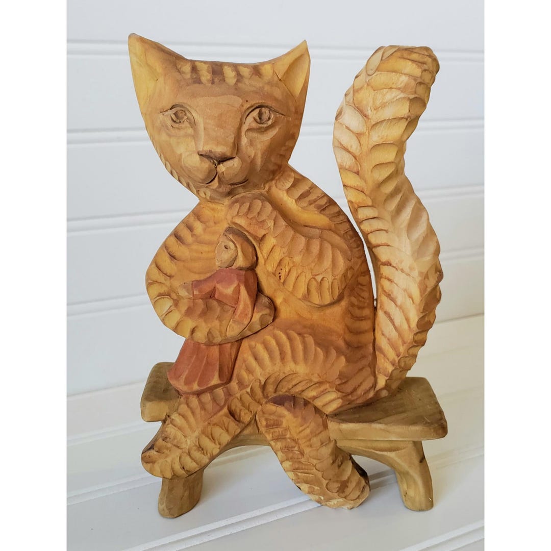 Cat Carved Wood Figurine Handcrafted Wooden Kitten on Bench Holding ...