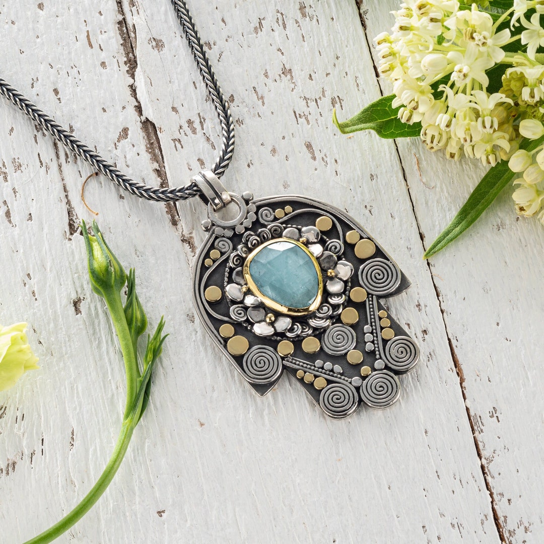 Sterling Silver Hamsa Pendant Necklace Charm Pendant With Aquamarine ...