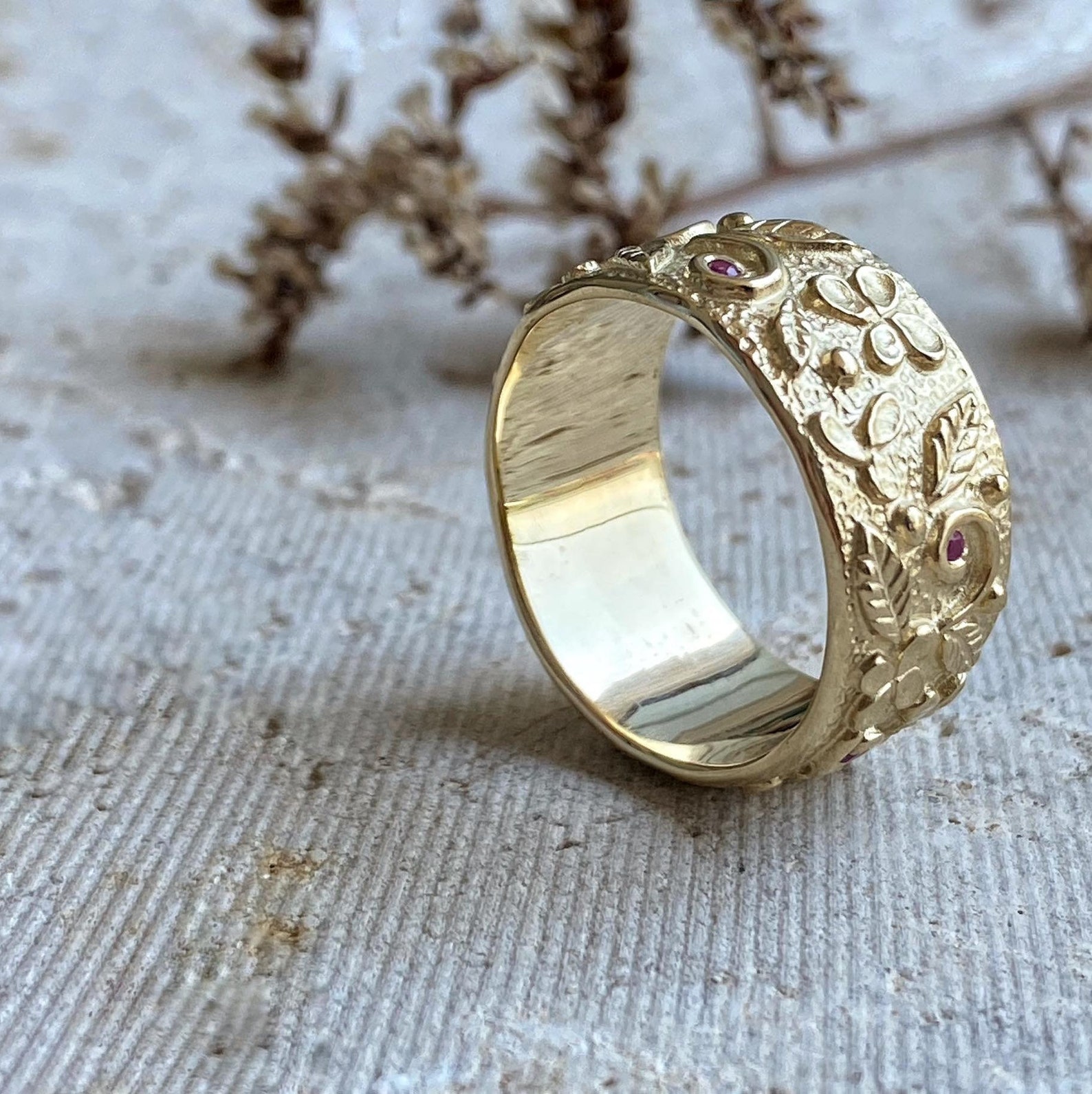 14K Gold Engraved Wedding Band for Women Wide Solid Yellow - Etsy