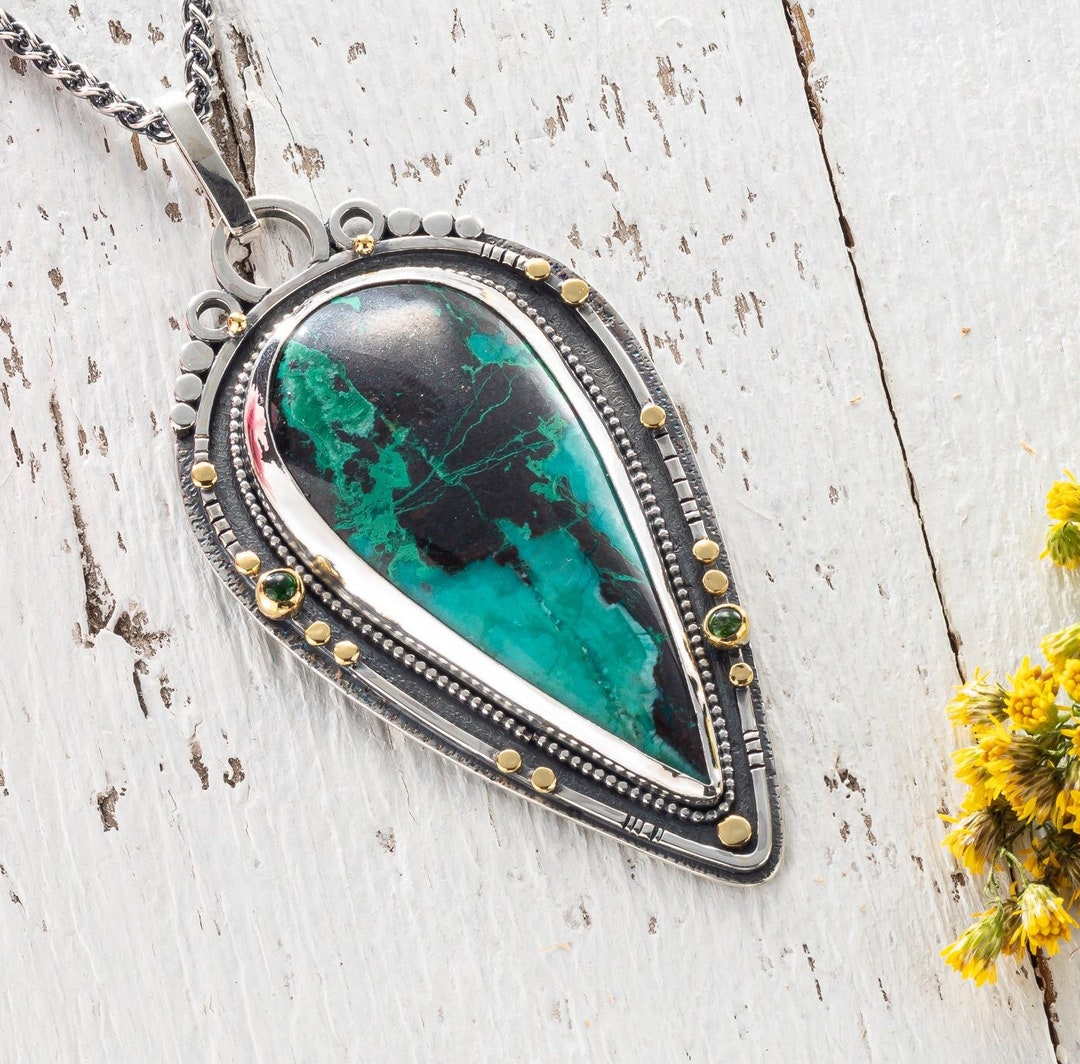 Mixed Metal Large Gemstone Pendant Sterling Silver and Gold, Chryscolla ...