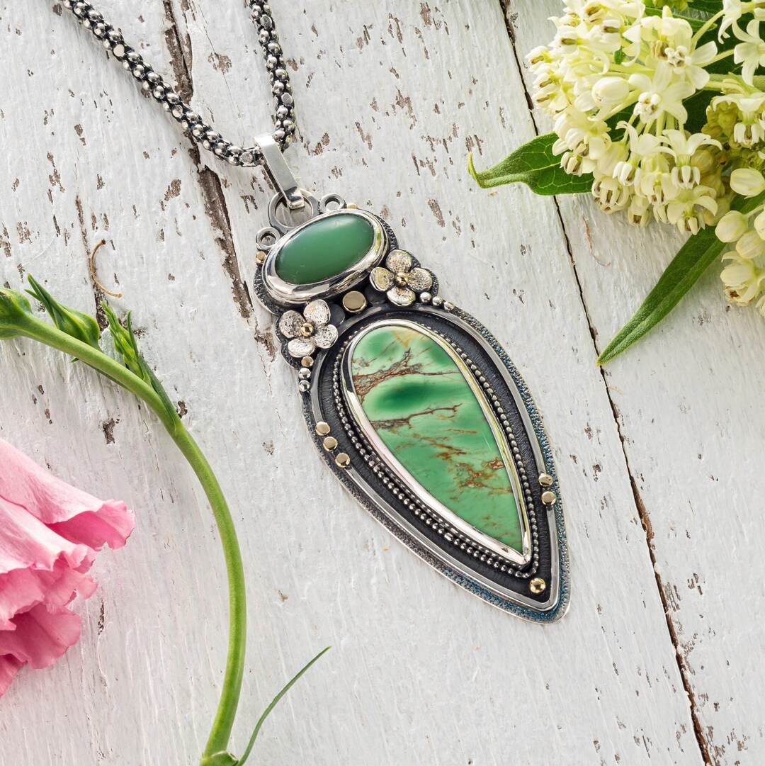 Chrysoprase and Variscite Necklace in Gold and Silver | Handmade ...