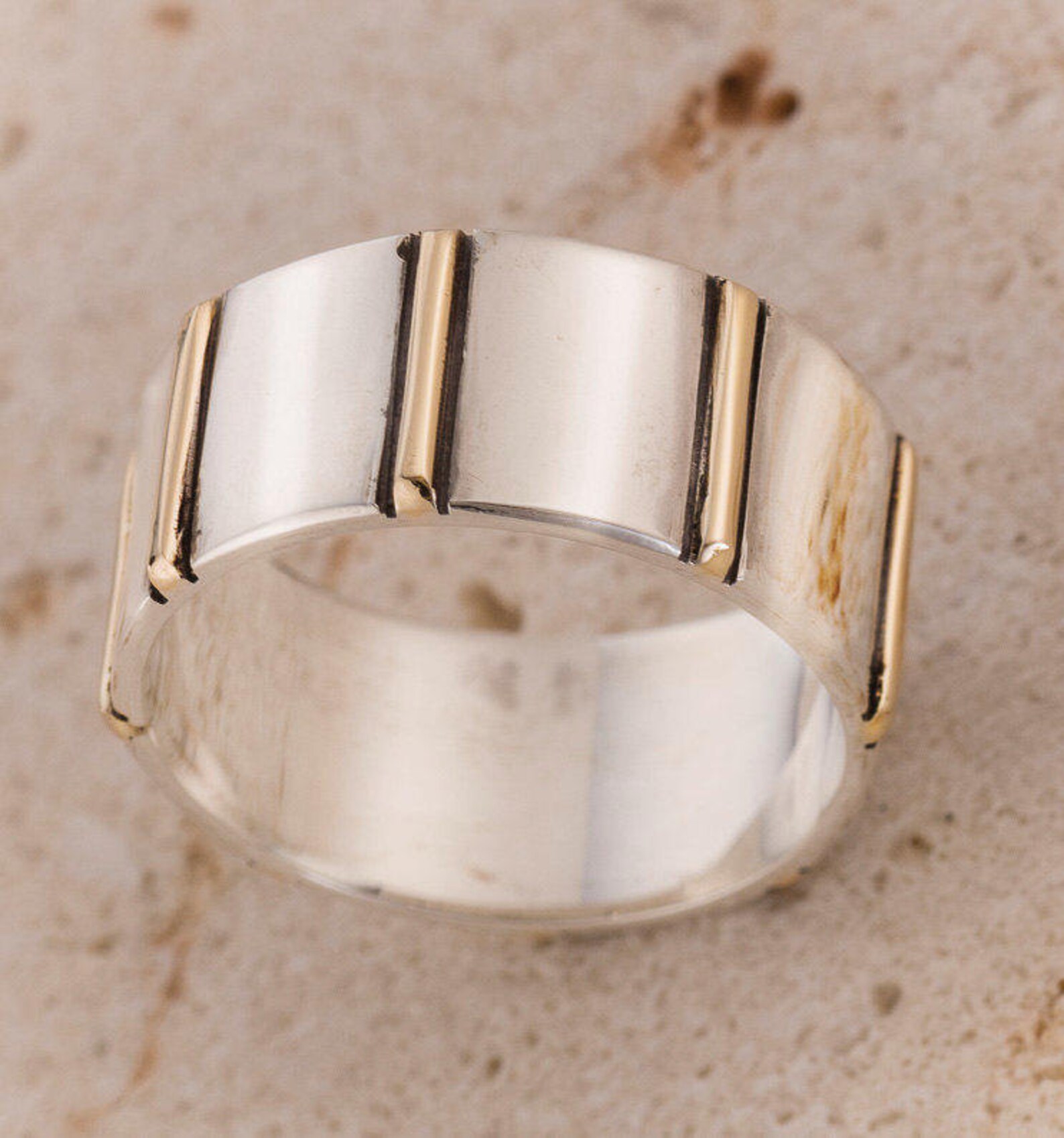 Two Tone Wedding Band, Wide Wedding Band, Mens Sterling Silver Ring ...