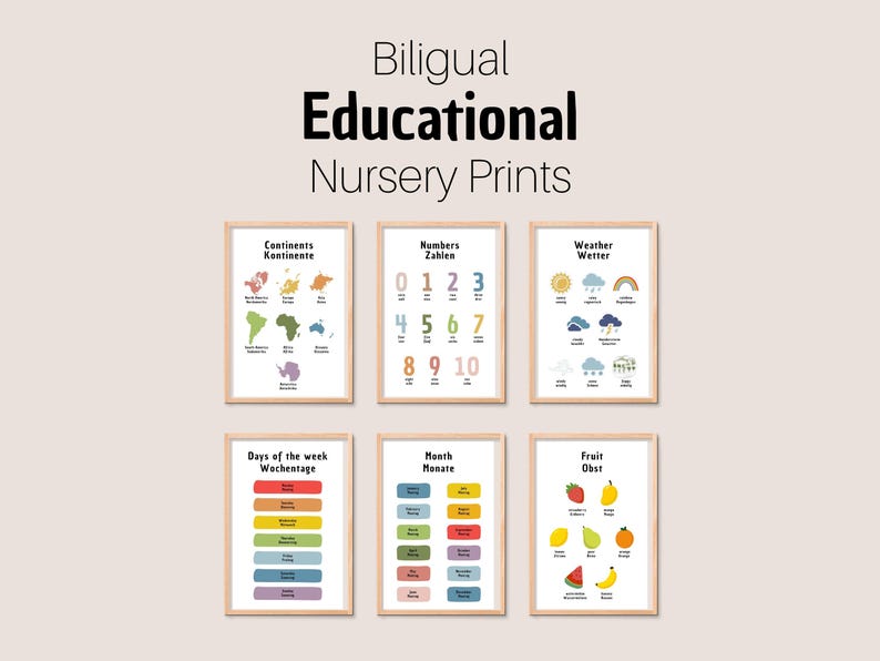 6 Bilingual Educational Posters, Multilingual Decor, Set of 6 ...
