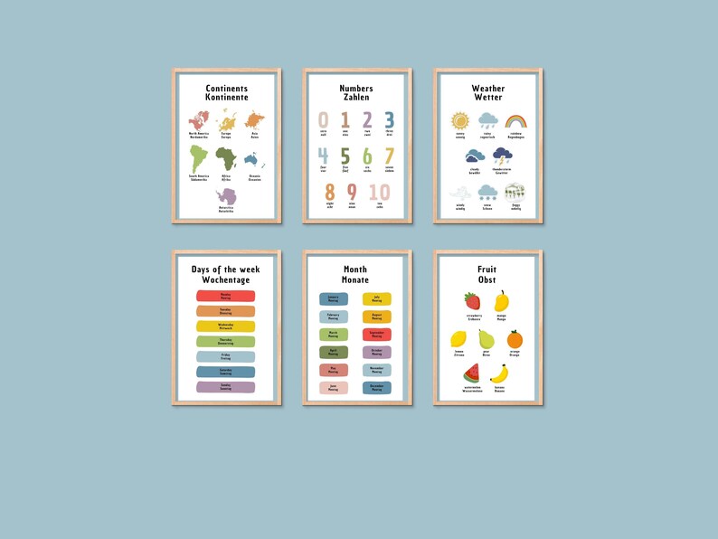6 Bilingual Educational Posters, Multilingual Decor, Set of 6 ...