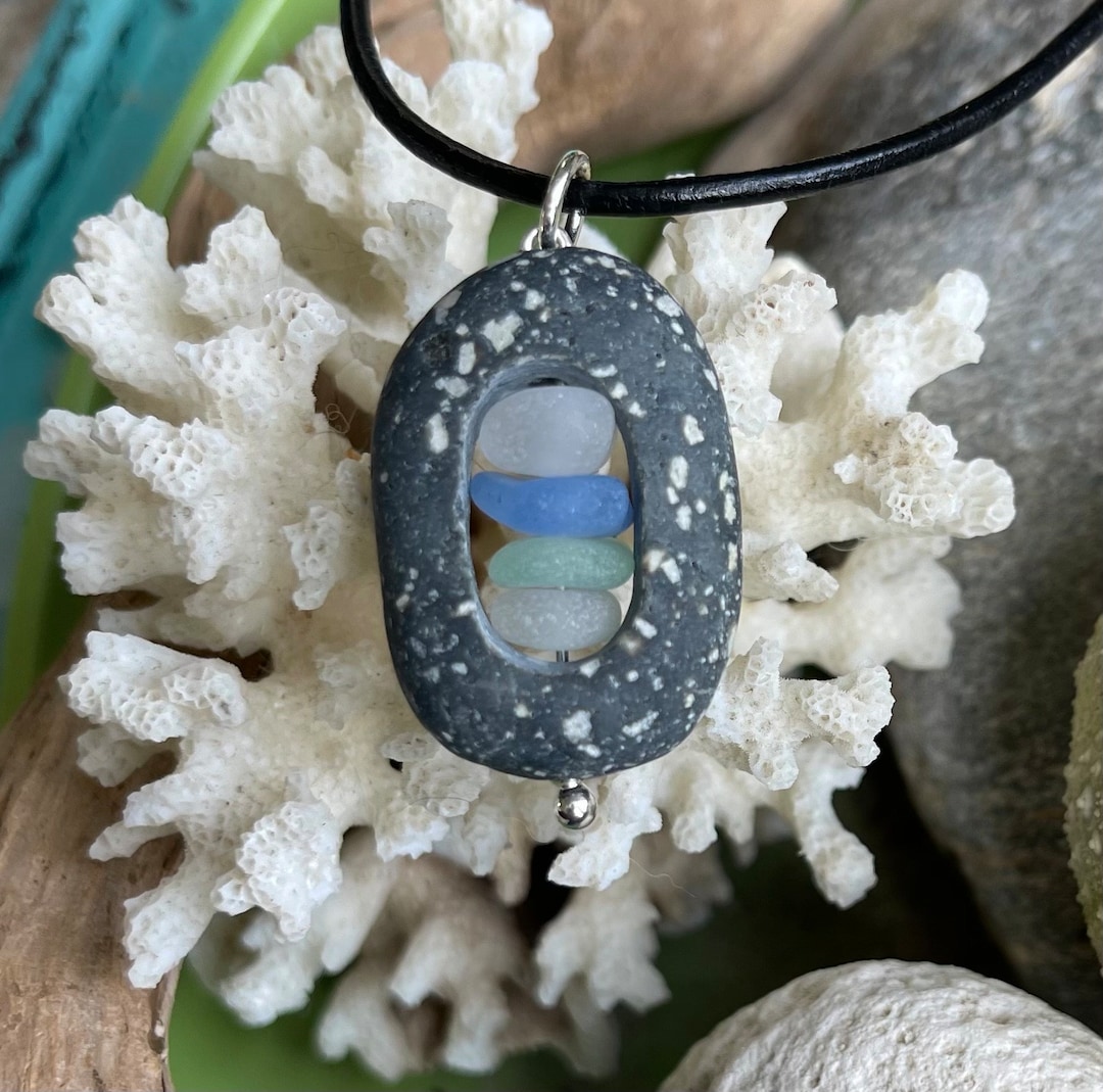 Genuine Sea Glass Jewelry- Multi Colored Sea Glass Set in a Beach Stone ...