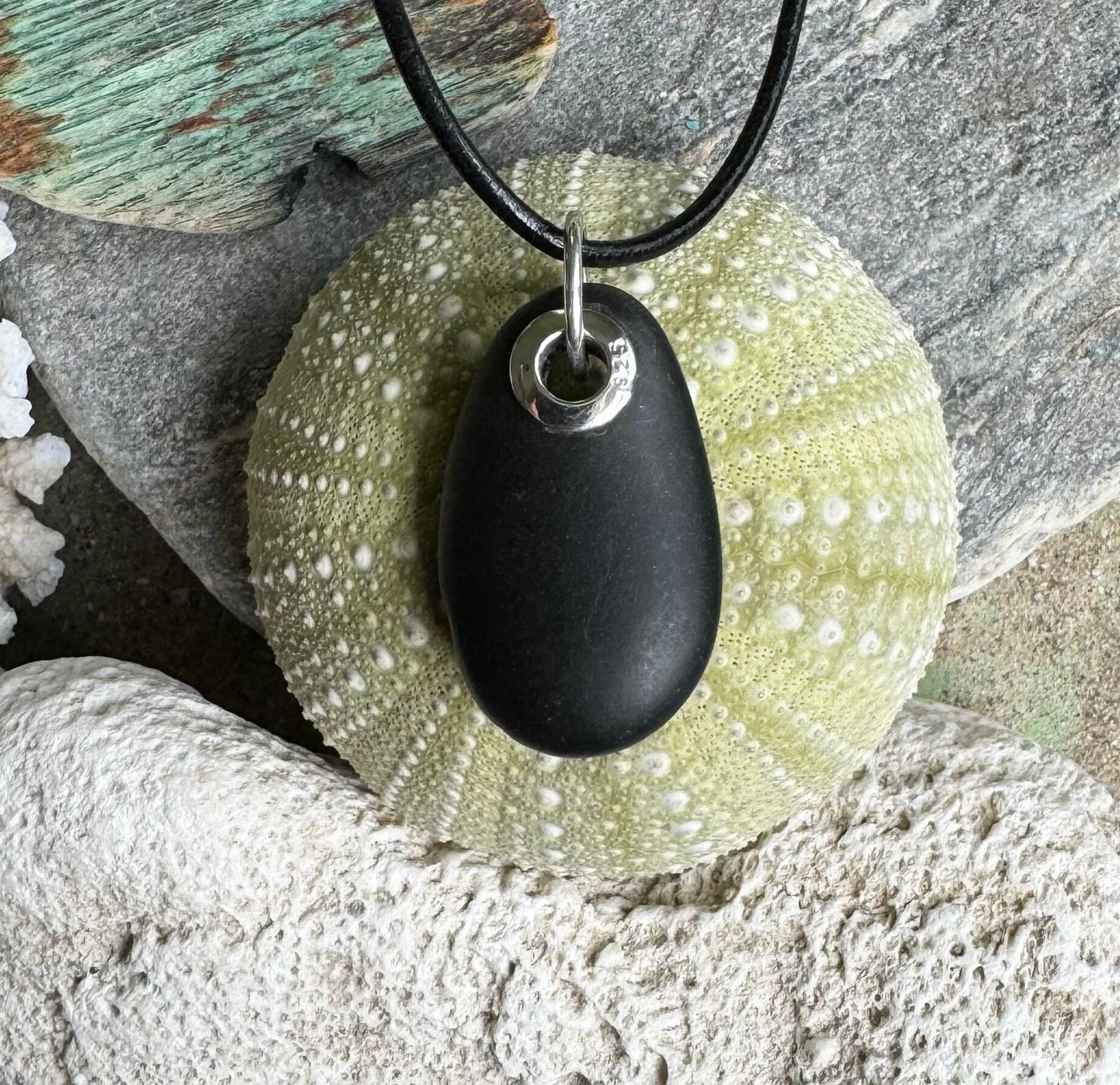 Beach Stone Jewelry- Black Basalt Beach Stone Set With Sterling Silver ...