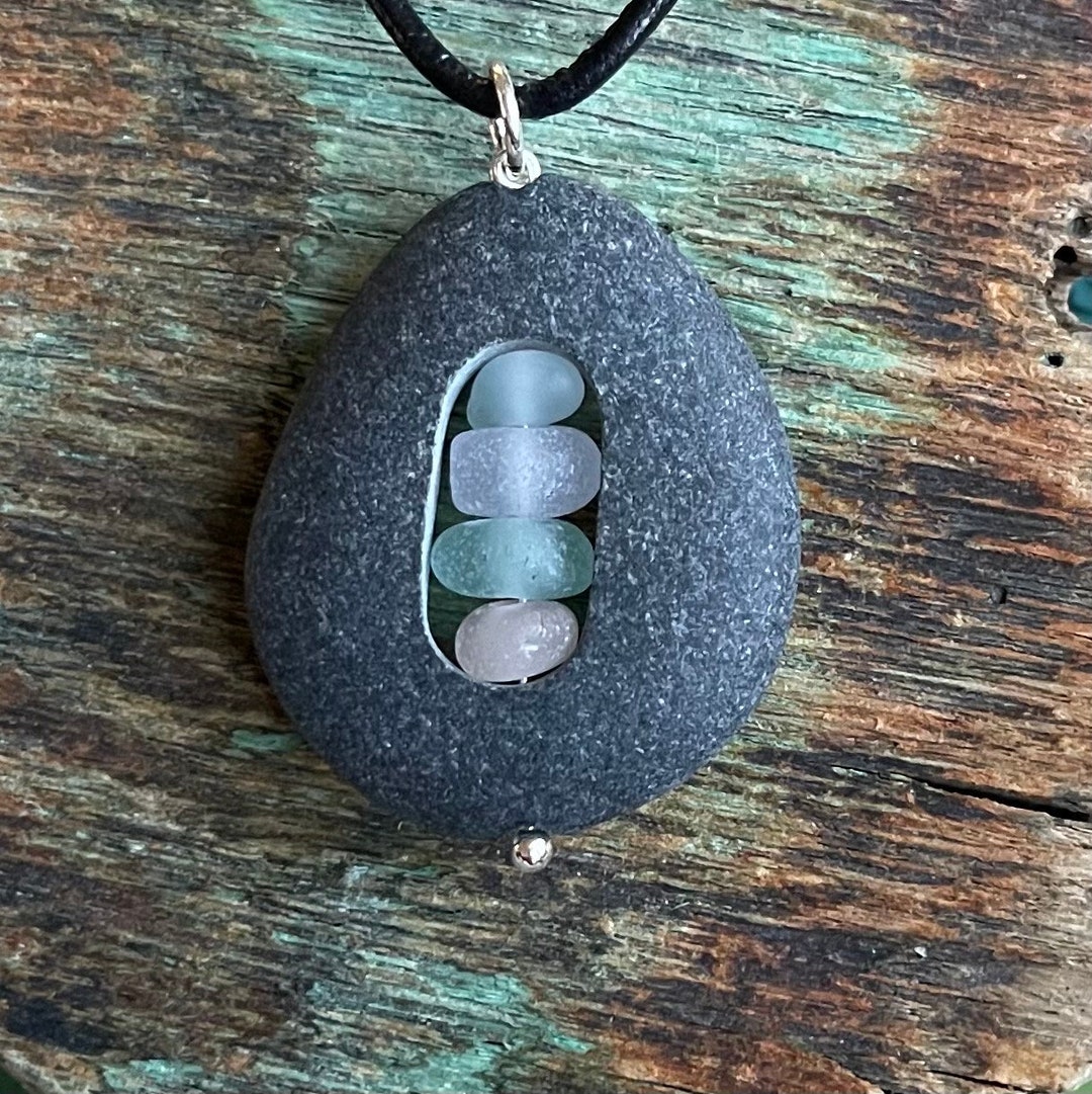 Genuine Sea Glass Jewelry- Multi Colored Sea Glass Set in a Beach Stone ...