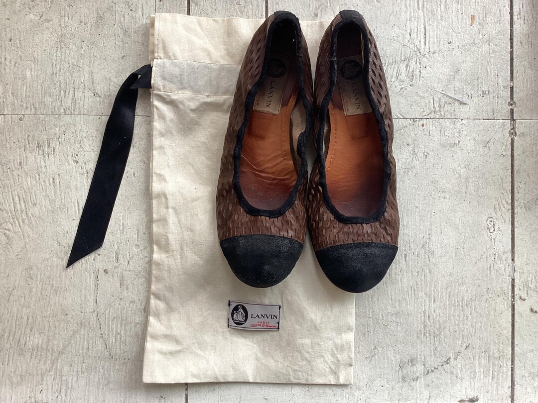 90s LANVIN Brown Ballet Flats 6 / Vintage Black Suede Leather Ballerina ...