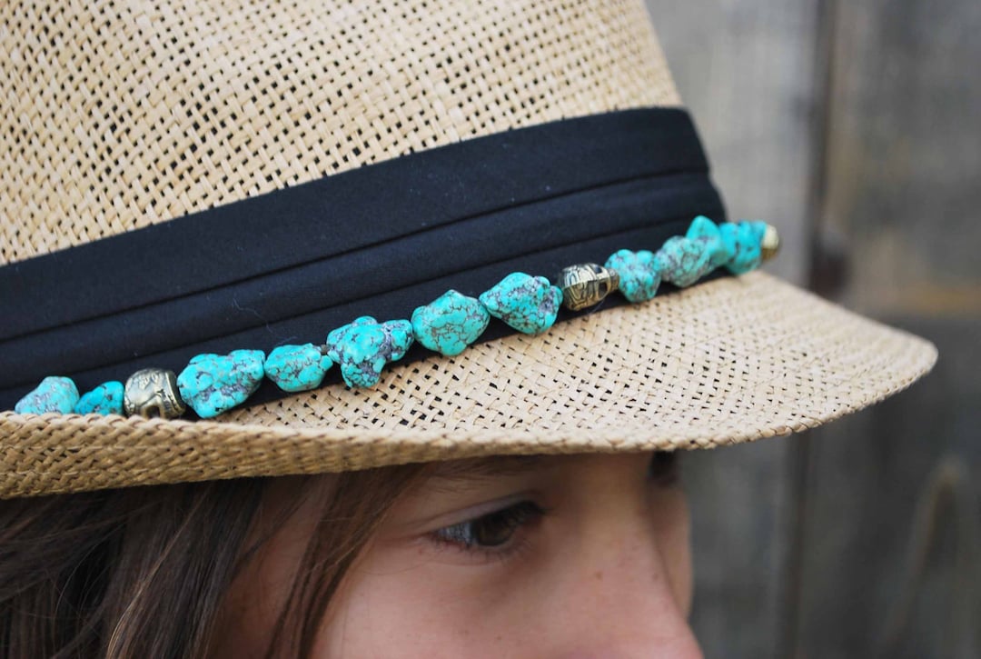 STRAW HAT With Gold Tone Skeletons and Turquoise Beaded Necklace ...