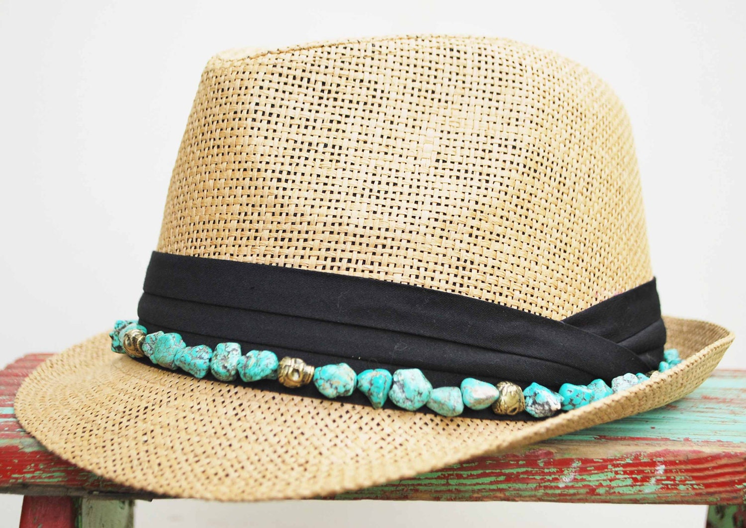 STRAW HAT With Gold Tone Skeletons and Turquoise Beaded Necklace ...