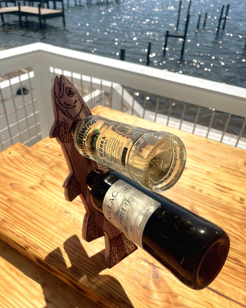 Hand-burned Aromatic Cedar Fish Wine Holder | Rustic Cabin Decor ...