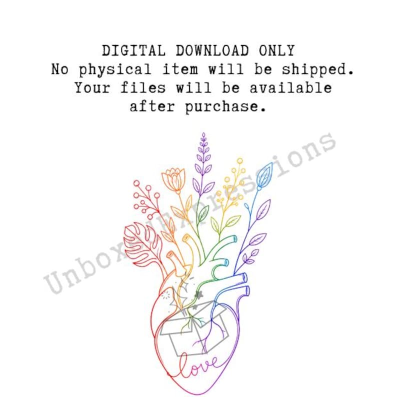 Rainbow Heart Botanical Line Art PNG | Love Pride Design (digital ...
