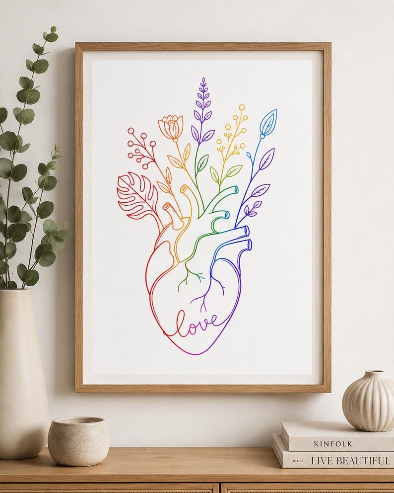 Rainbow Heart Botanical Line Art PNG | Love Pride Design (digital ...