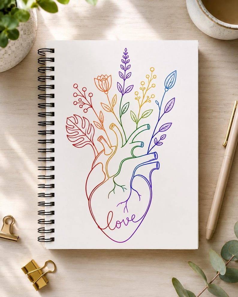 Rainbow Heart Botanical Line Art PNG | Love Pride Design (digital ...