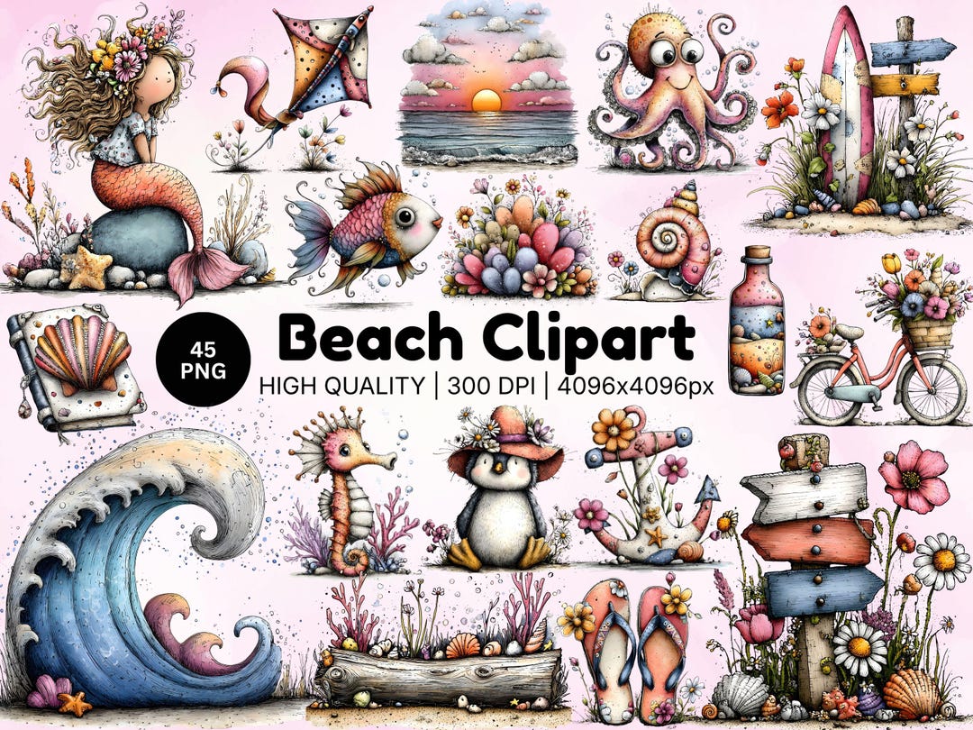 Beach Clipart PNG Bundle, Summer Ocean Clipart Set, Coastal Sea Life ...