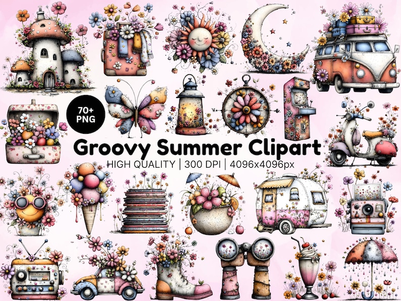 Retro Groovy Clipart Bundle, 70s Hippie Summer PNG Set | Pastel ...