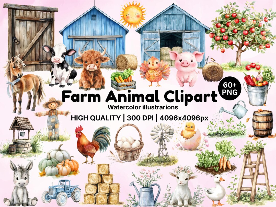 Watercolor Farm Animal Clipart Bundle, 60+ PNG Barnyard Animals and ...