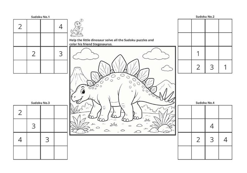 Dinosaur Sudoku Coloring Book for Kids Ages 9+ Hard 4x4 Puzzles ...