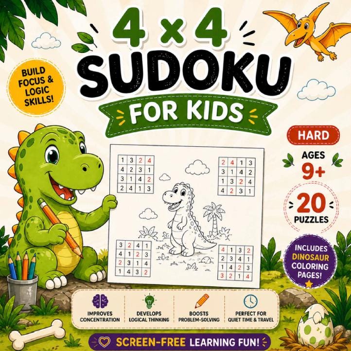 Dinosaur Sudoku Coloring Book for Kids Ages 9+ Hard 4x4 Puzzles ...