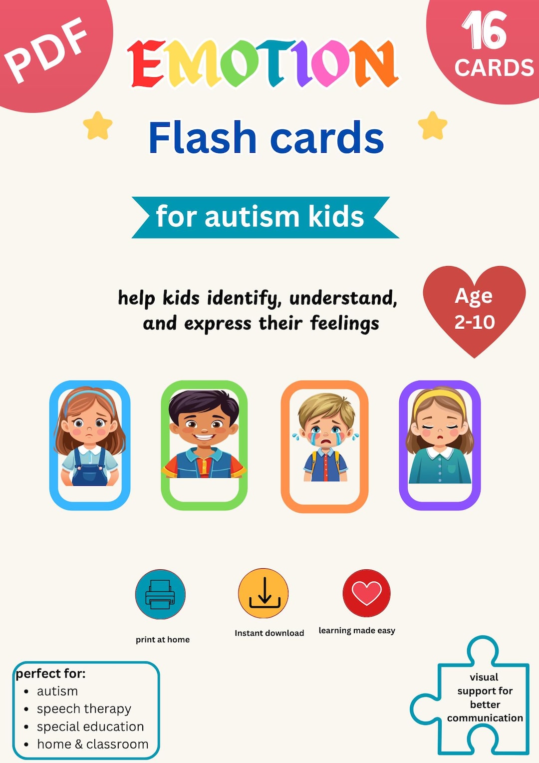 Autism Emotion Flashcards for Kids , Printable Feelings Cards , Speech ...