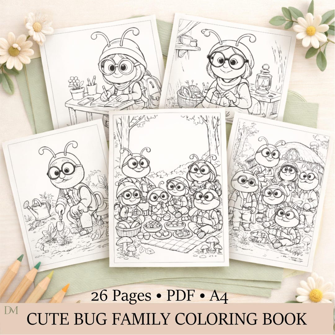 Cute Bug Family Coloring Book, Printable Coloring Pages for Kids, 26 ...