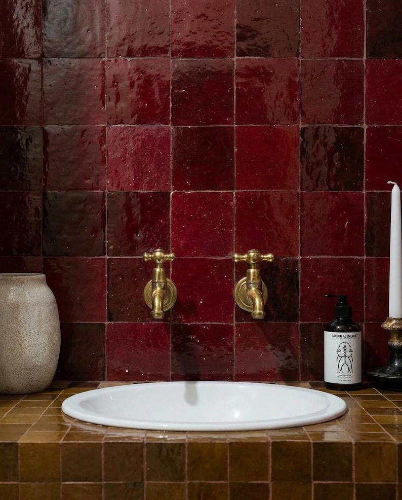 Handmade Crimson Red Zellige Tile – Aged Moroccan Wall Backsplash ...