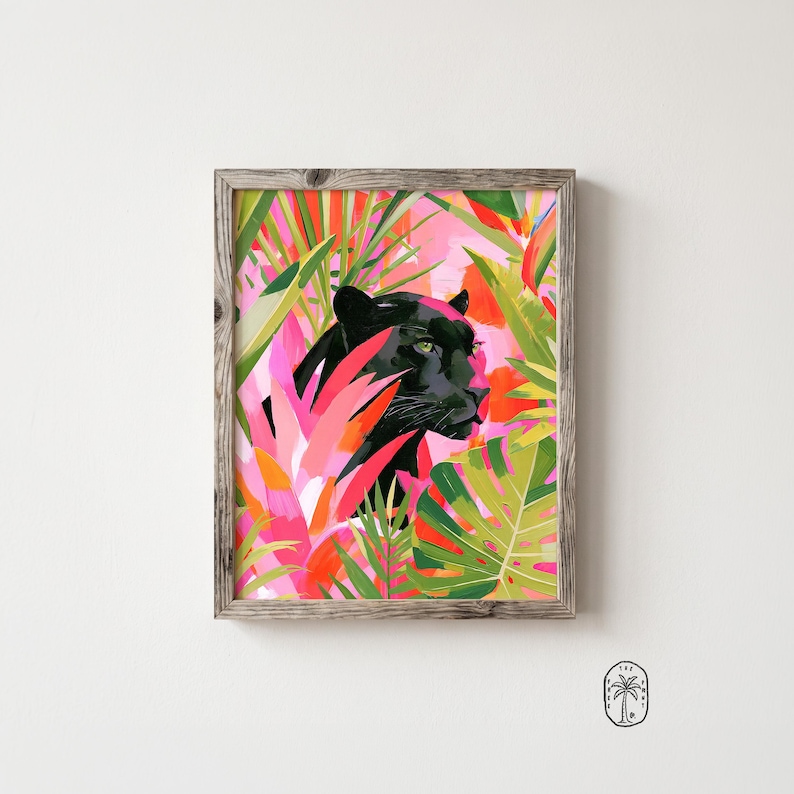 Vibrant Panther Jungle Print, Tropical Leaves, Bold Floral Art (digital ...