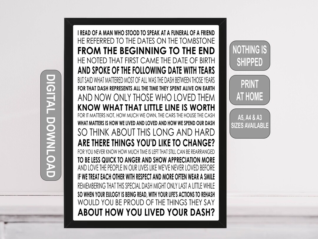 The Dash, Funeral Reading, Instant Digital Download Meditation ...