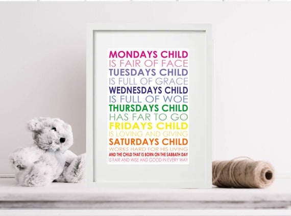 Mondays Child is Fair of Face Nursery Rhyme Poem Quote Baby - Etsy UK