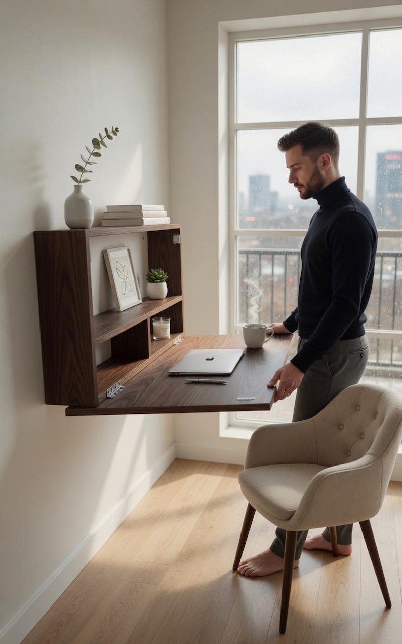 Wall Mounted Folding Desk With Shelves – Space Saving Fold Down Table ...
