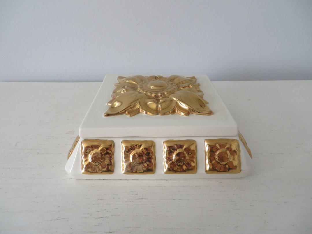 Vintage White and Gold Ceramic Covered Storage Box Gold Floral Design ...