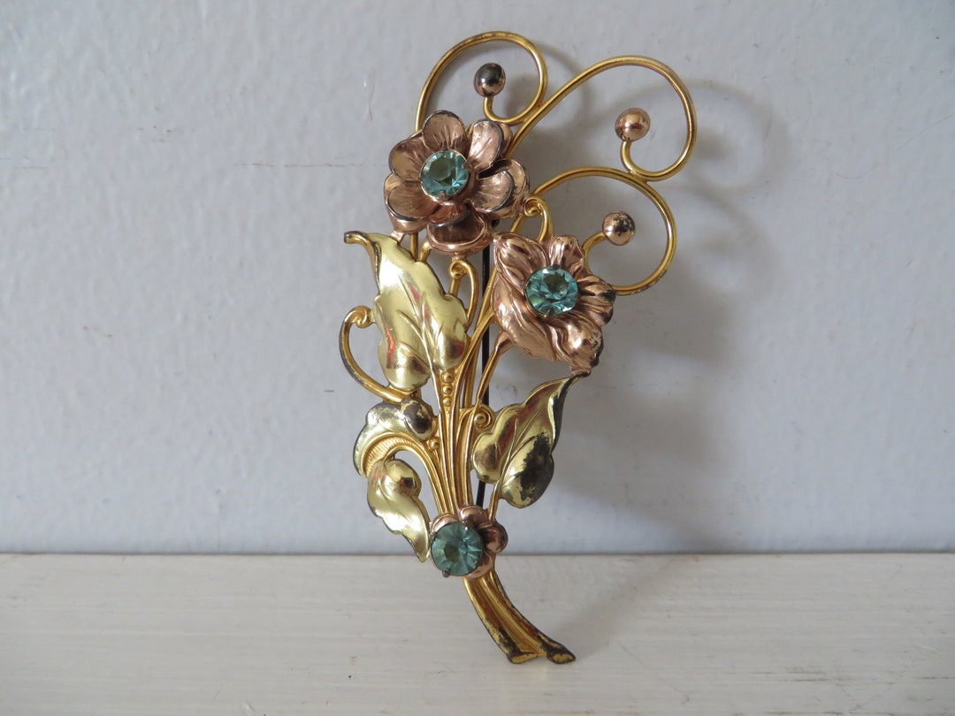 Vintage Raleigh Floral Brooch - 1960s Pin - Blue Rhinestones - Rose and ...