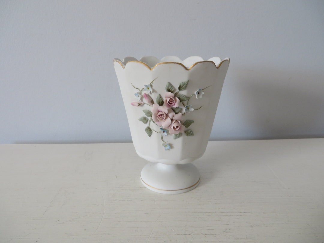 Vintage Lefton China White Pedestal Vase Pink Roses & Blue - Etsy