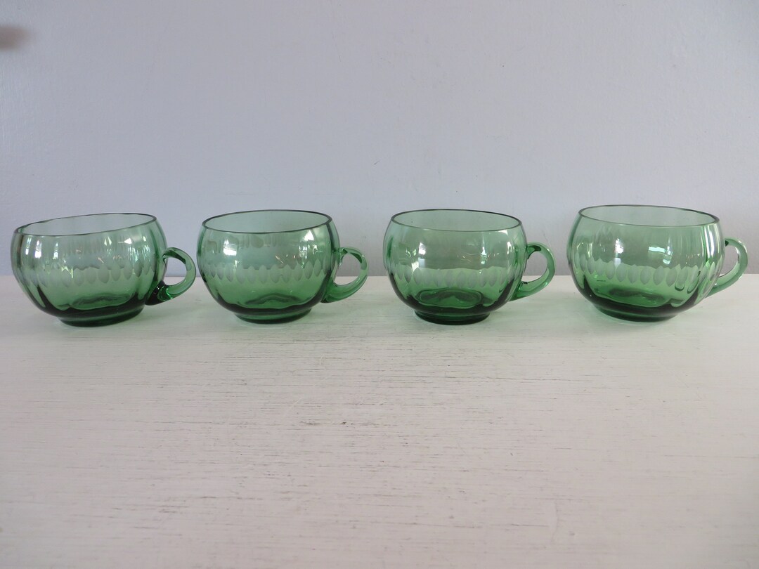 Vintage Green Glass Roly Poly Mugs - Set of Four - Beveled Glass Coffee ...