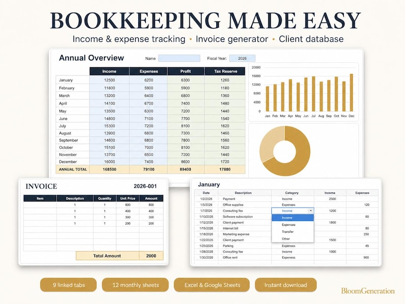 Bookkeeping Template Excel & Google Sheets: Income and Expense Tracker ...