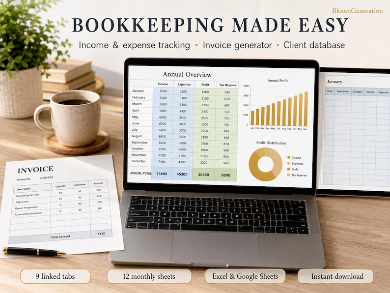 Bookkeeping Template Excel & Google Sheets: Income and Expense Tracker ...