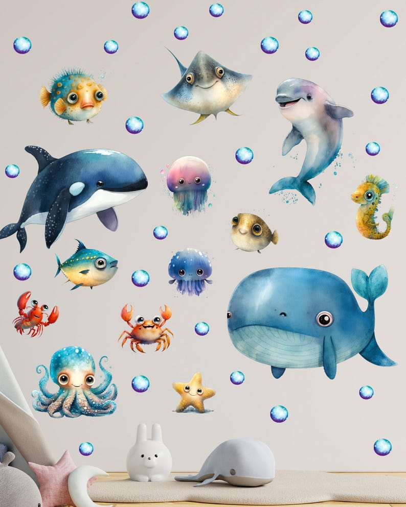 Watercolor Ocean Animals Peel and Stick Wall Decals, Whale Dolphin Orca ...